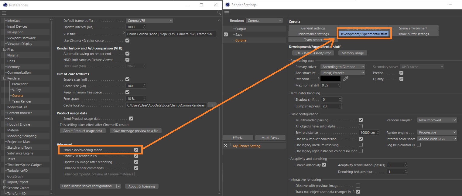 How to enable the "Development / Experimental stuff" tab in Corona for C4D? – Chaos Help Center